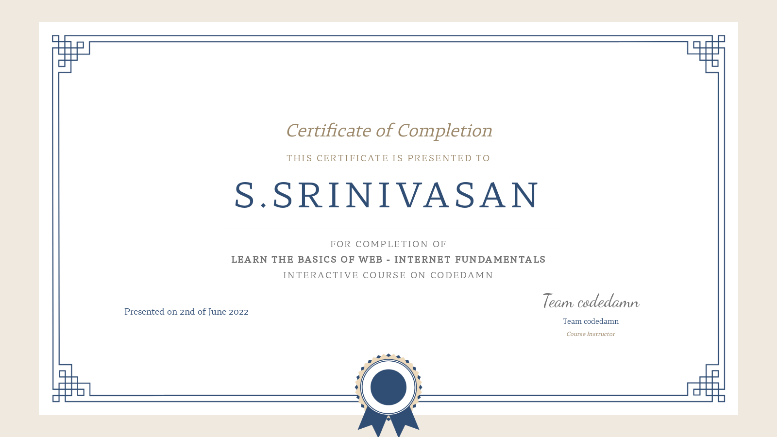 S.SRINIVASAN's certification for Learn the basics of web - Internet fundamentals | codedamn