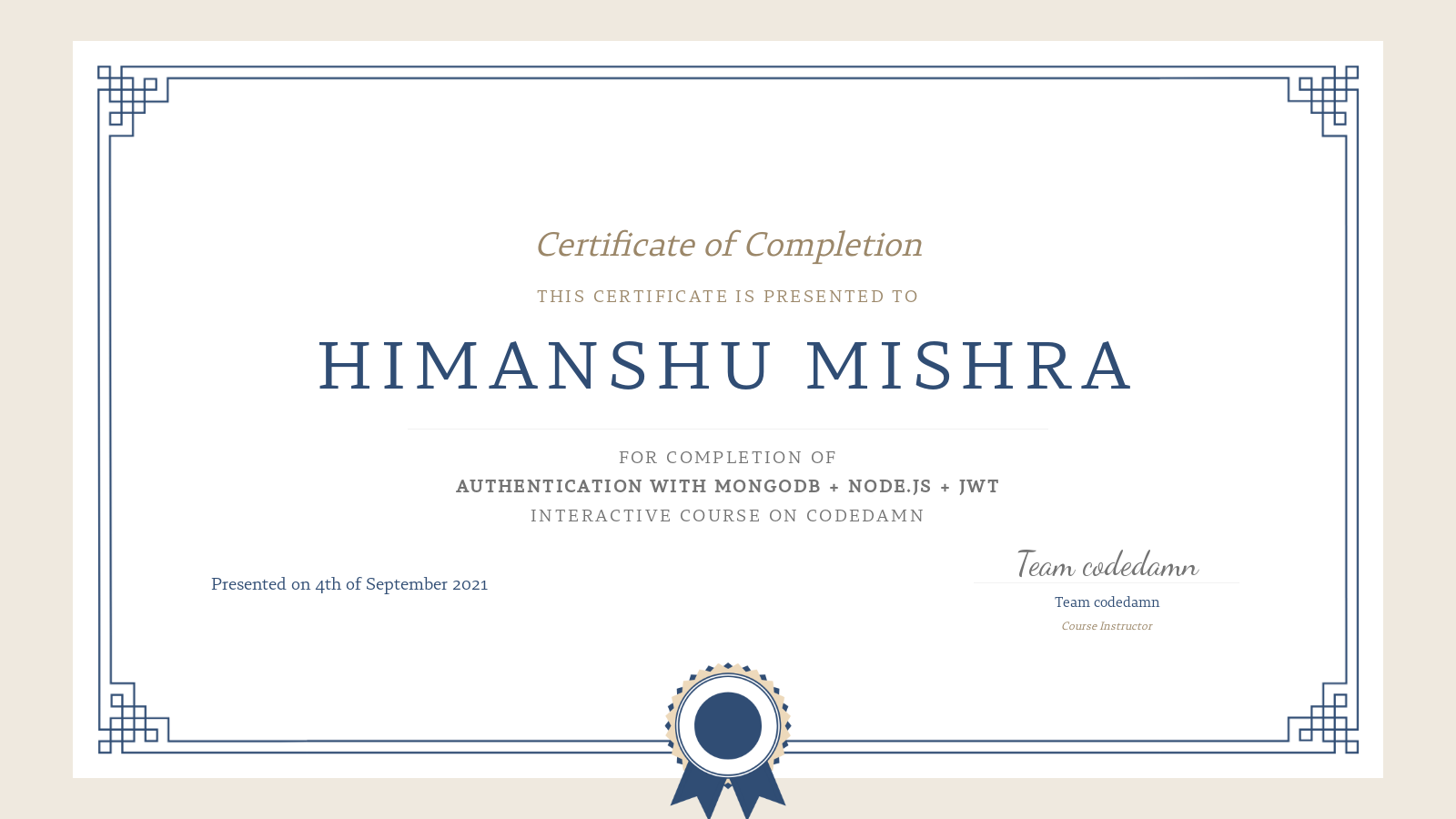 Himanshu Mishra's certification for Authentication with MongoDB + Node.js + JWT | codedamn