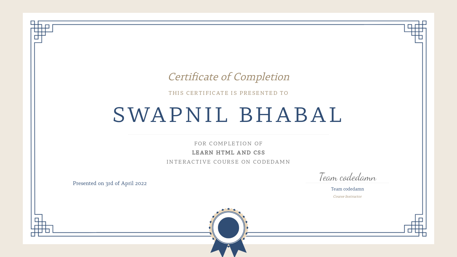 Swapnil Bhabals Certification For Learn Html And Css 2023 Ready Codedamn 