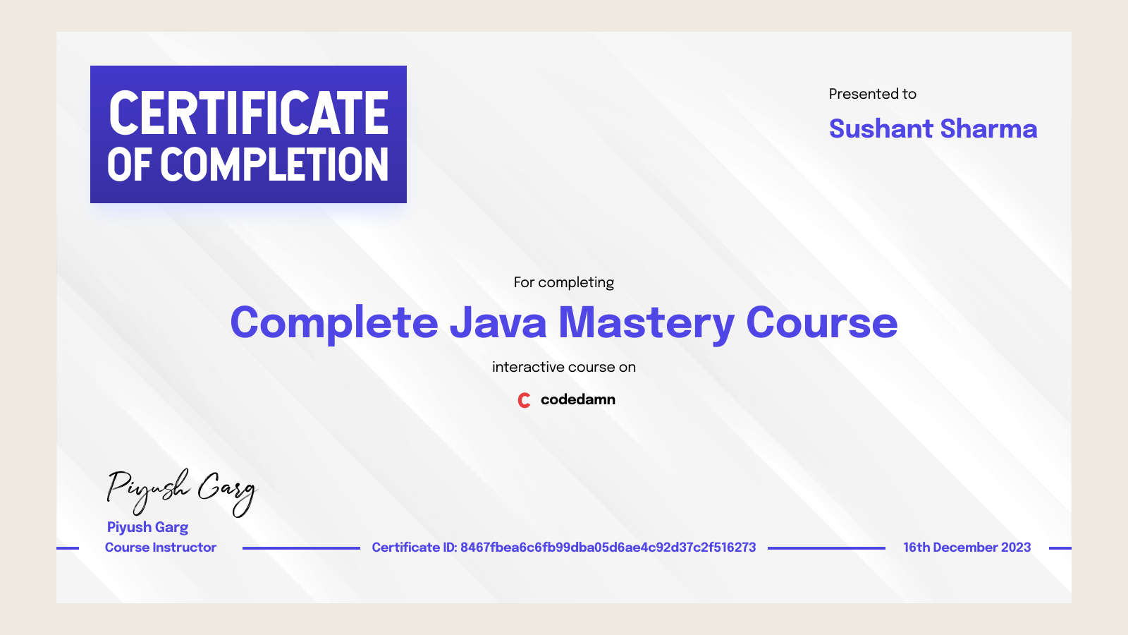 Sushant Sharma's certification for Complete Java Mastery Course | codedamn