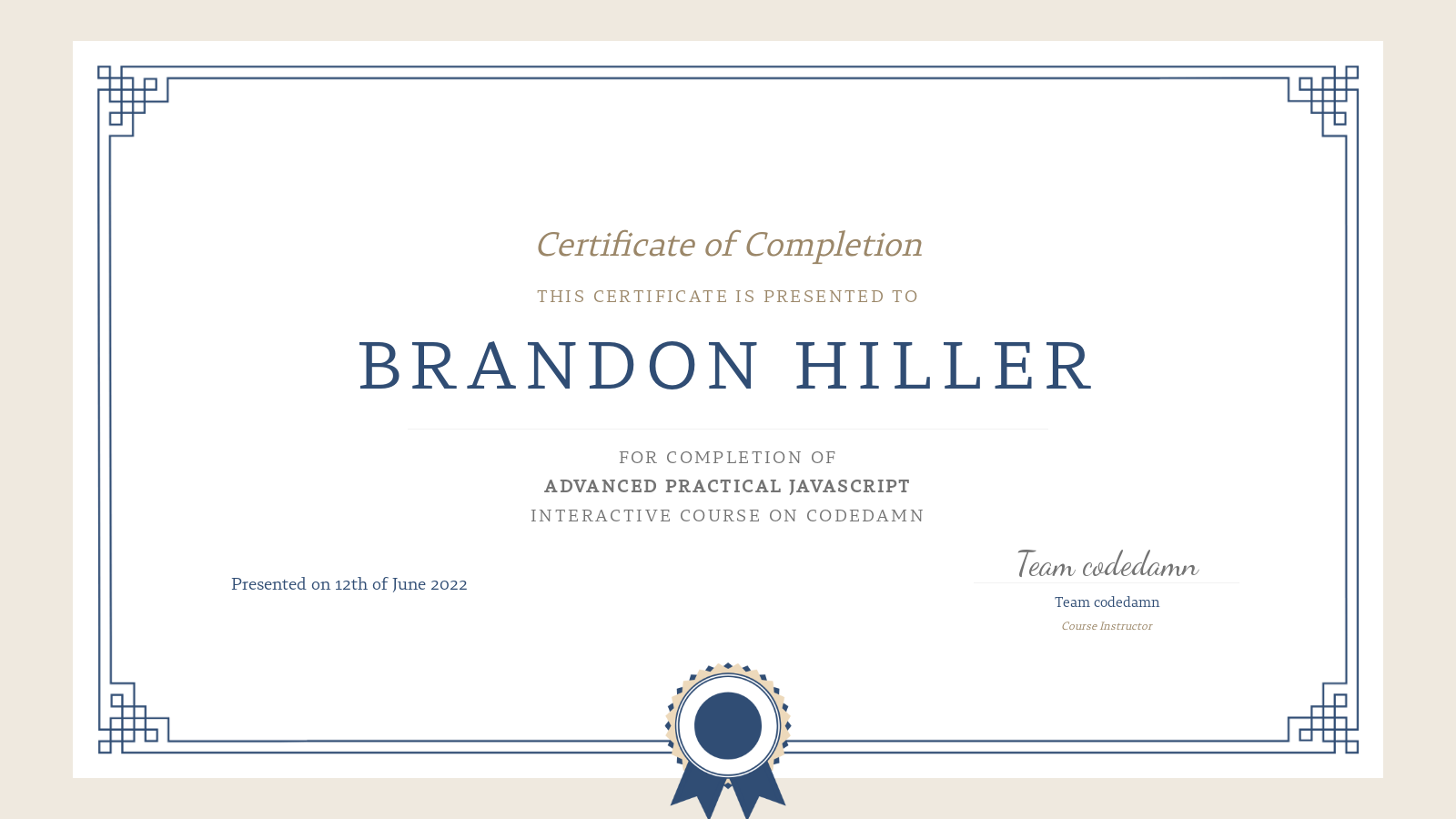 Brandon Hillers Certification For Advanced Practical Javascript Codedamn 2890