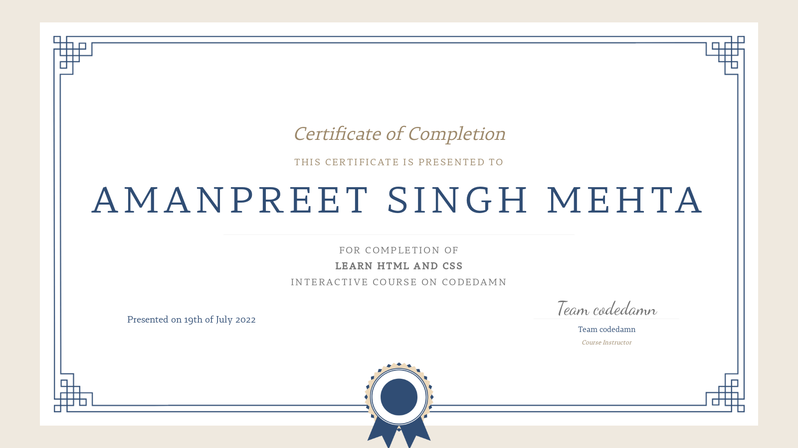 Amanpreet Singh Mehta's certification for Learn HTML and CSS [2023 Ready] | codedamn