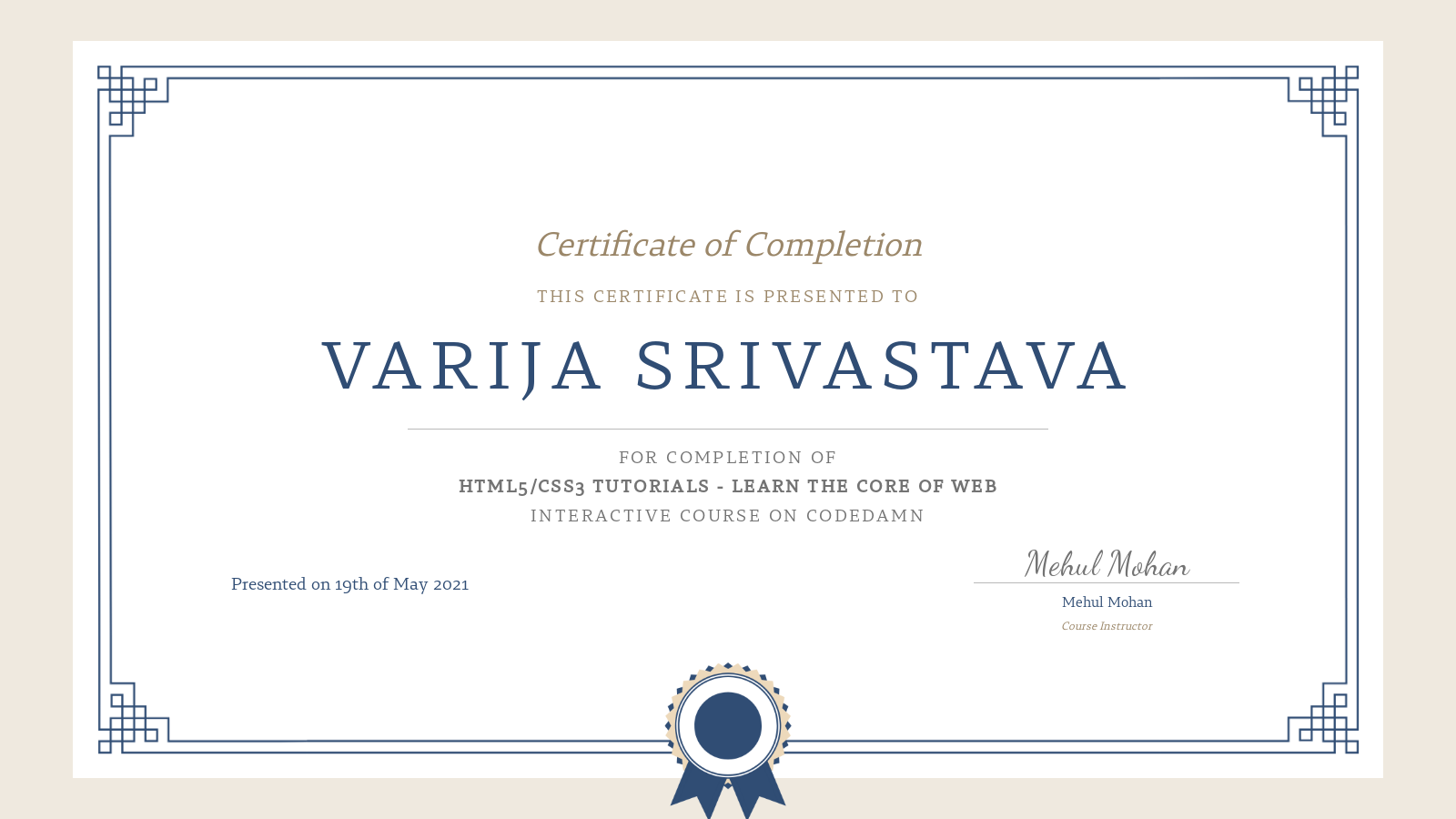 Varija Srivastava S Certification For Learn Html And Css [2023 Ready] Codedamn