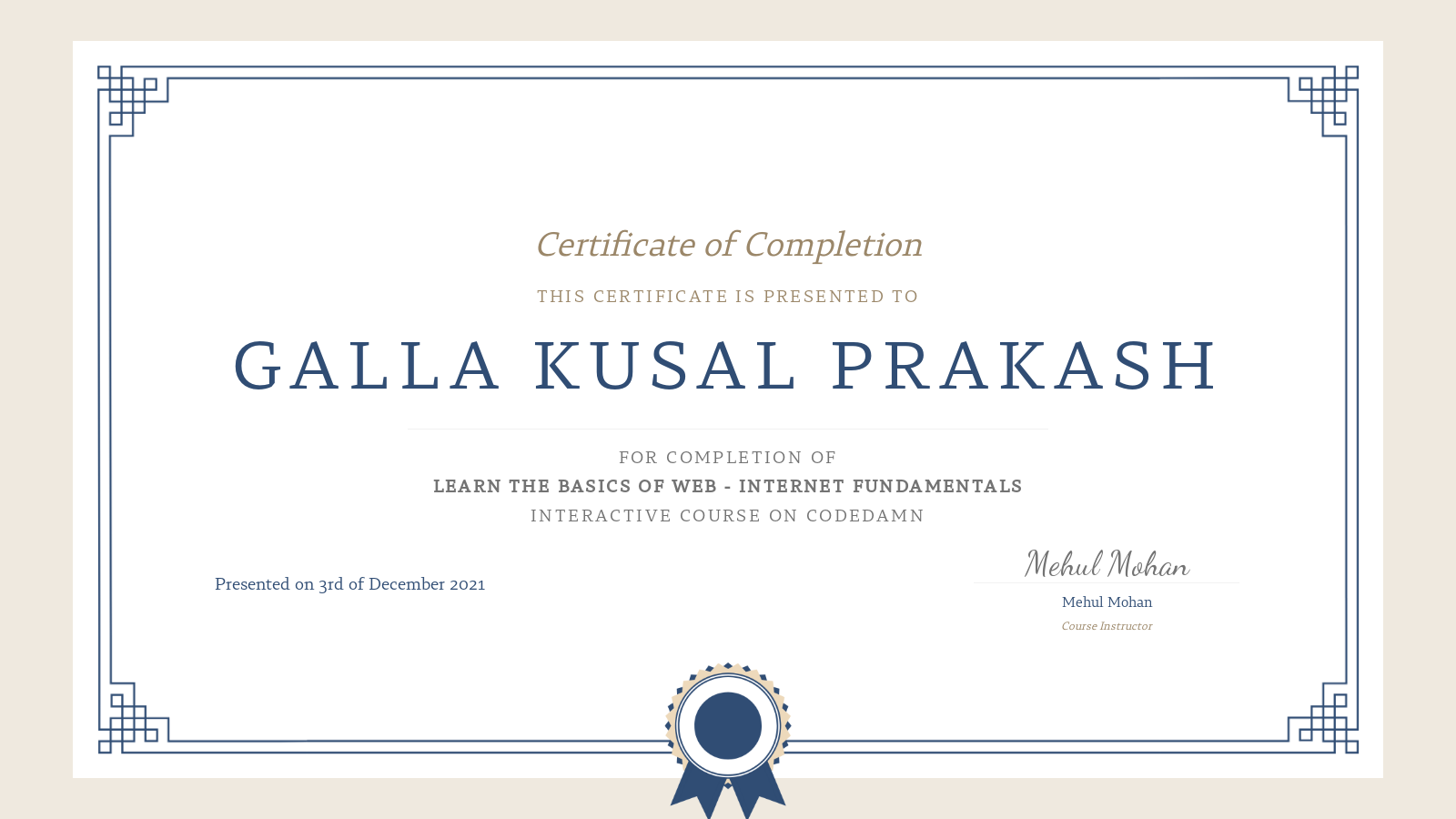 GALLA KUSAL PRAKASH's certification for Learn the basics of web - Internet fundamentals | codedamn