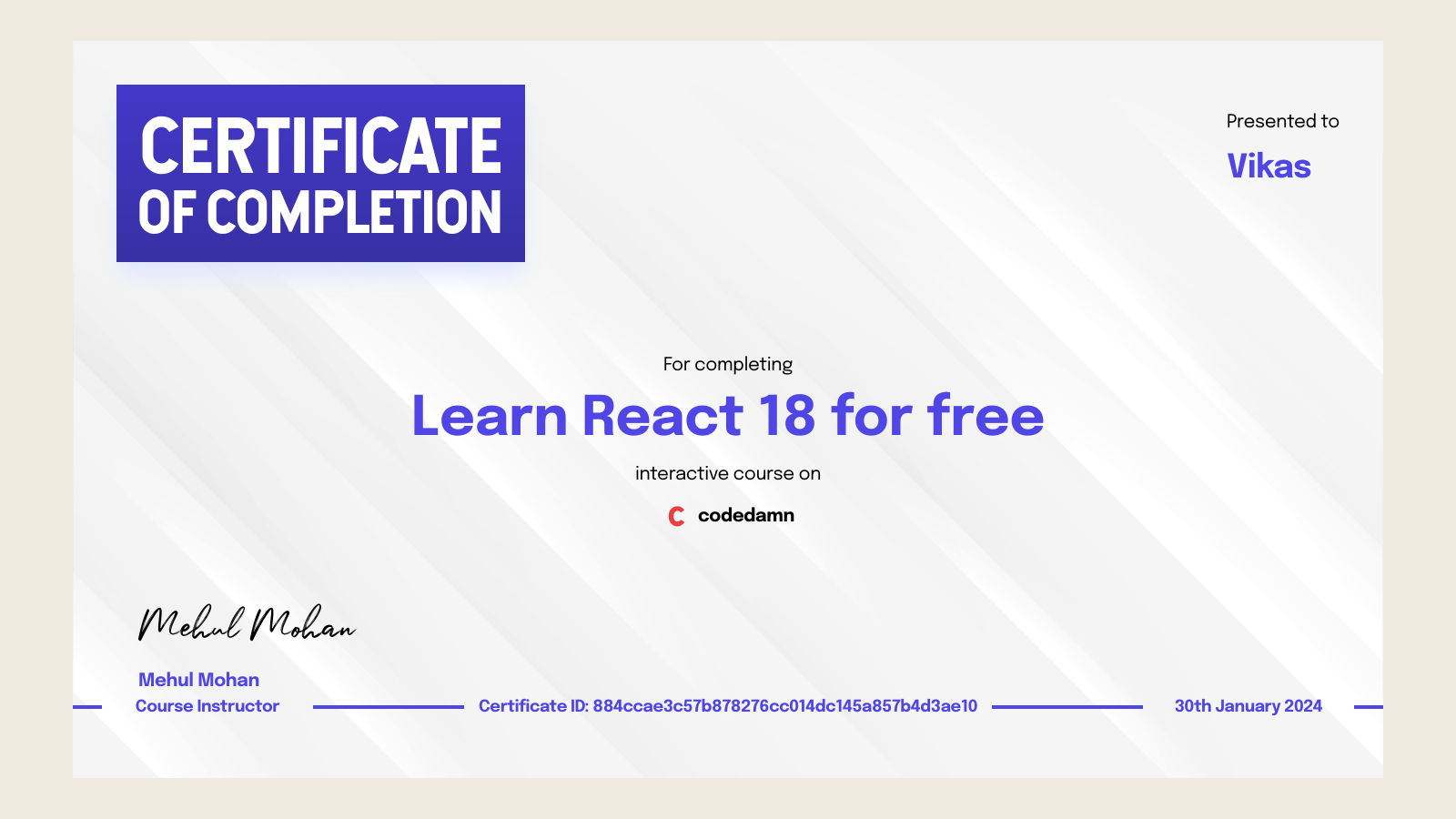 Vikas 's certification for Learn React 18 for free | codedamn