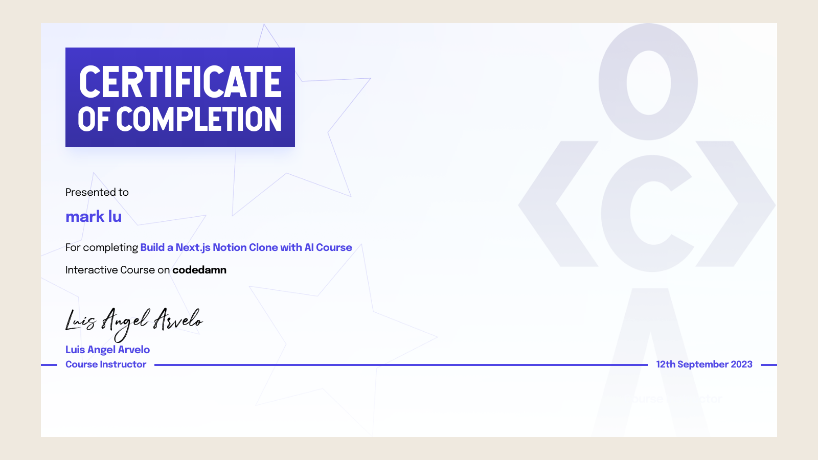 mark lu's certification for Build a Next.js Notion Clone with AI Course | codedamn