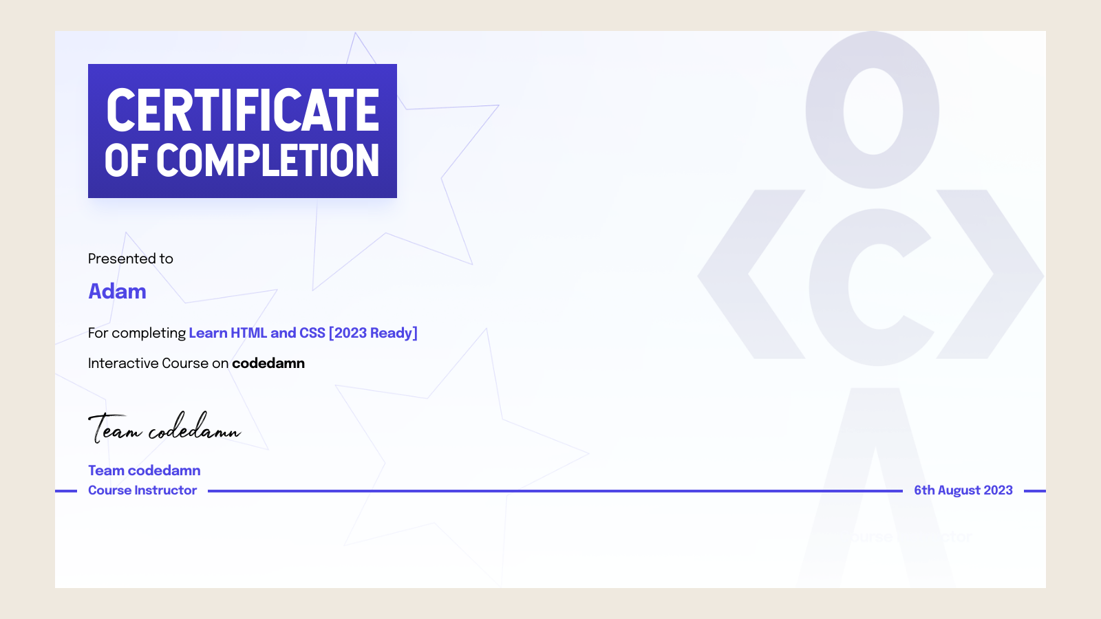 Adam's certification for Learn HTML and CSS [2024 Ready] | codedamn