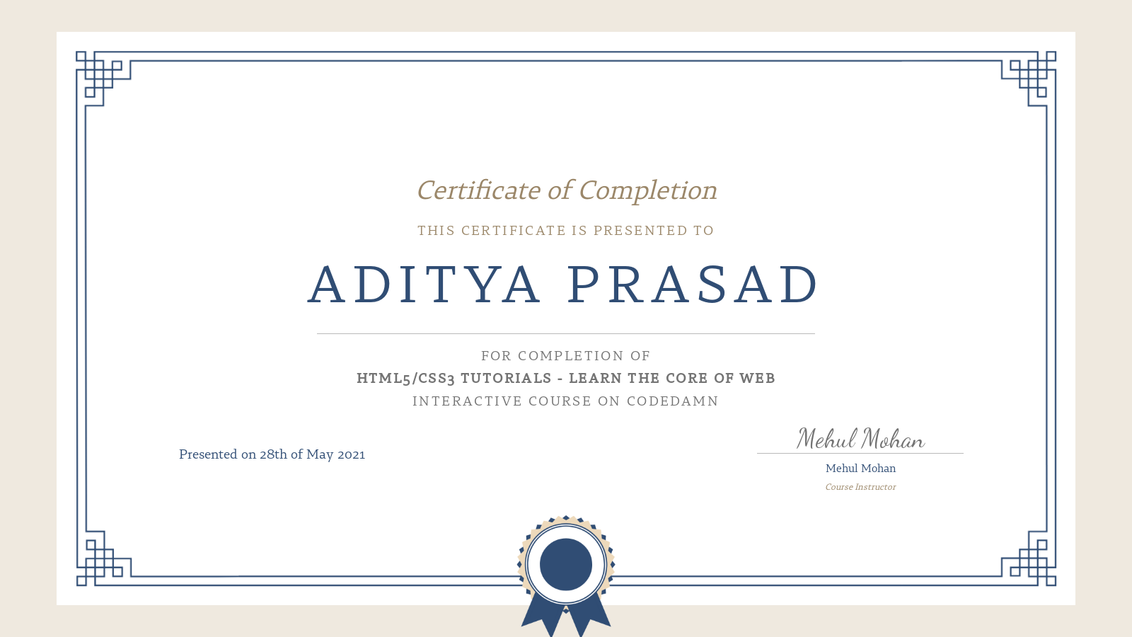 Aditya Prasad's certification for Learn HTML and CSS [2023 Ready] | codedamn