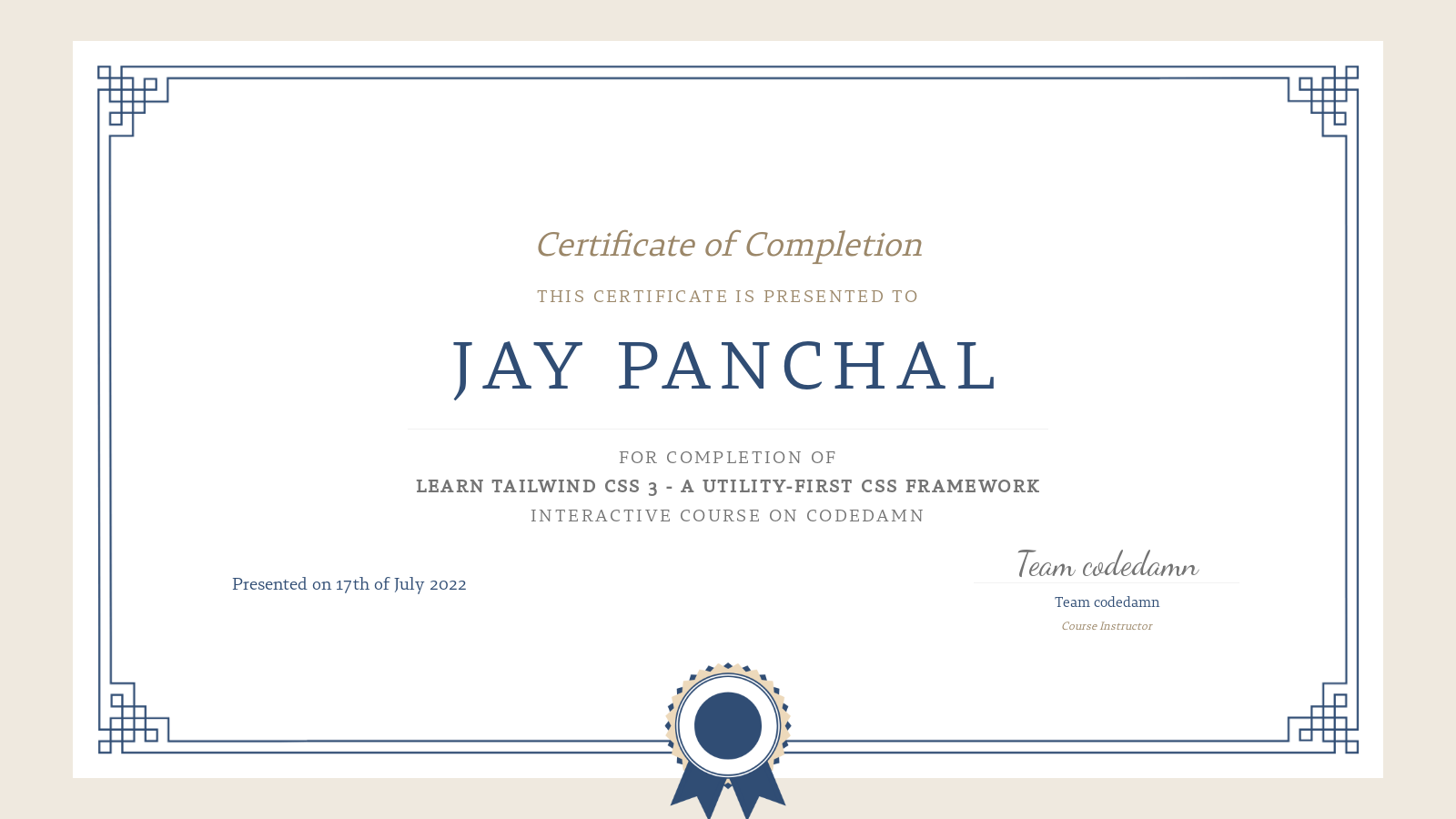 Jay Panchal's certification for Learn Tailwind CSS 3 - A utility-first ...