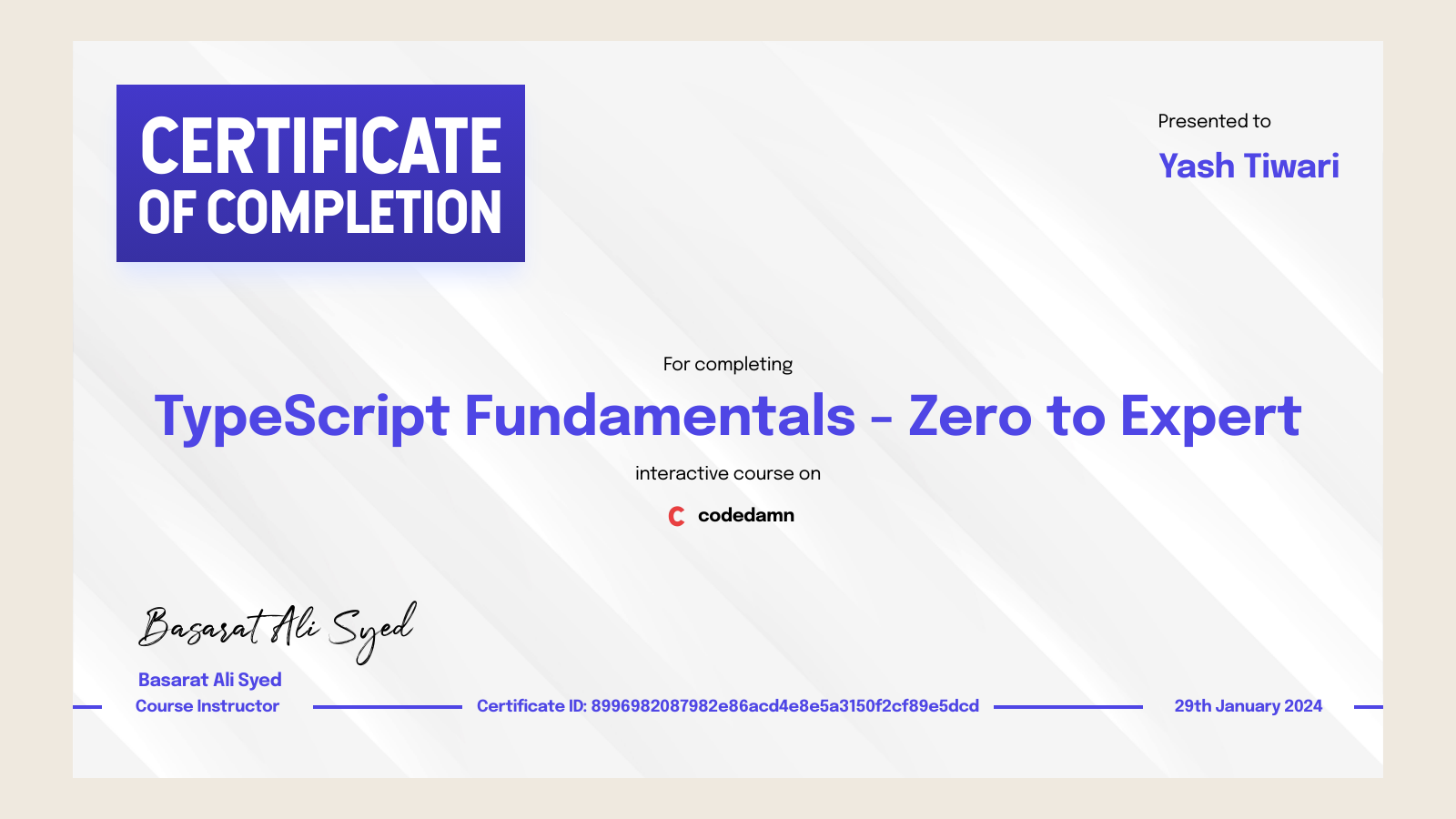 Yash Tiwari's certification for TypeScript Fundamentals - Zero to Expert | codedamn