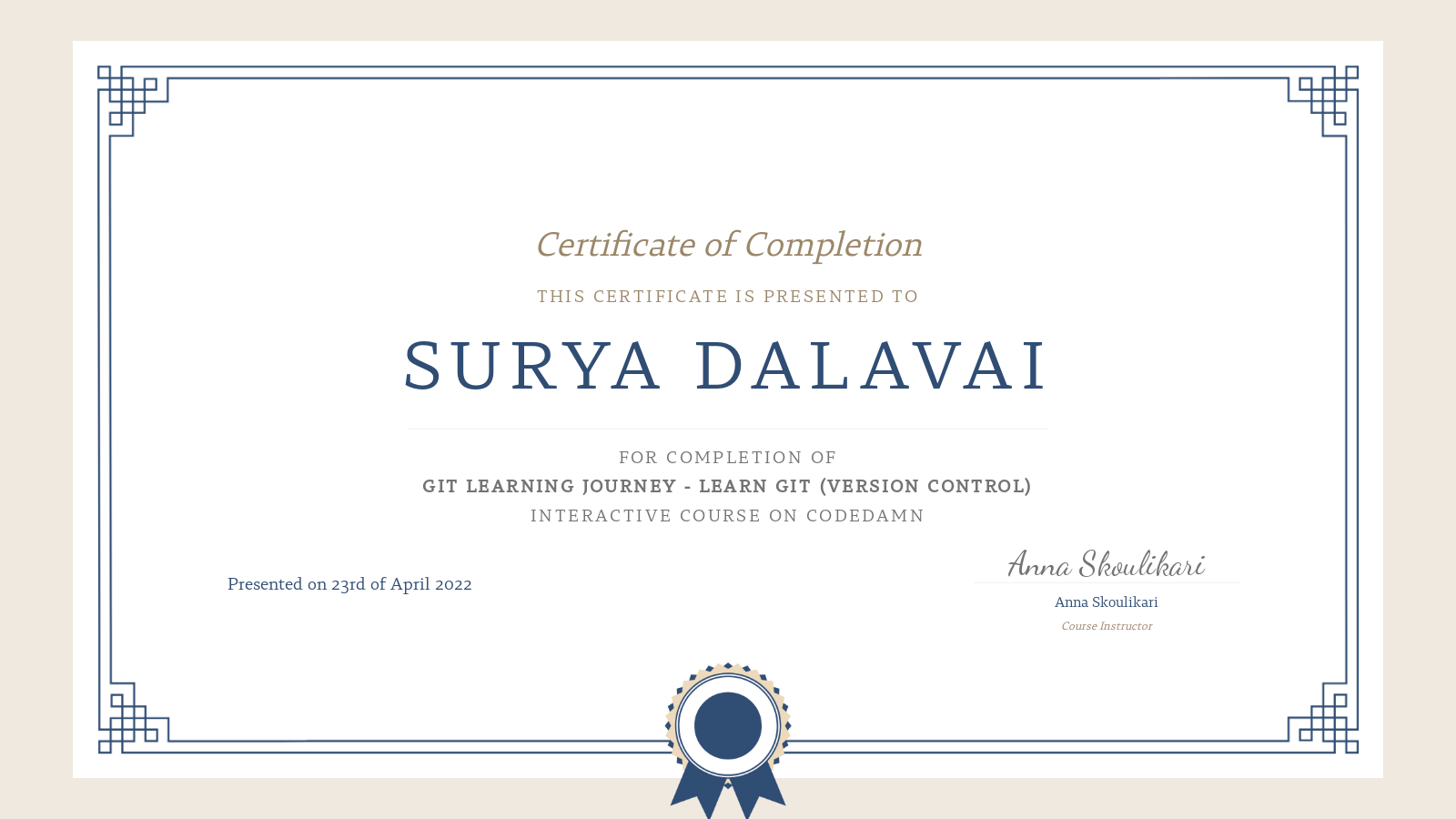 Surya Dalavai 's certification for Git Learning Journey - Learn Git (Version Control) | codedamn