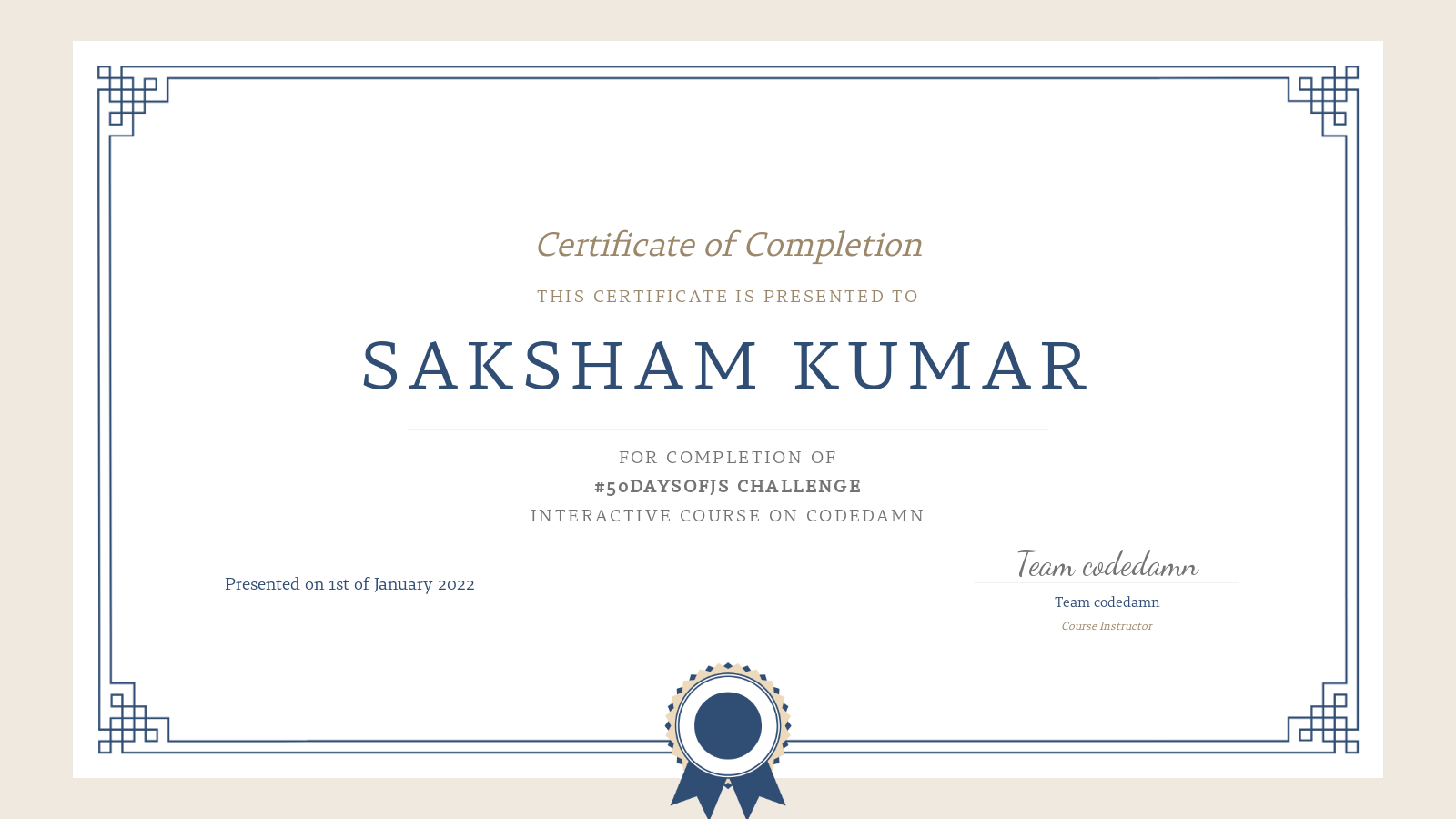 Saksham Kumar's certification for #50DaysOfJS Challenge | codedamn