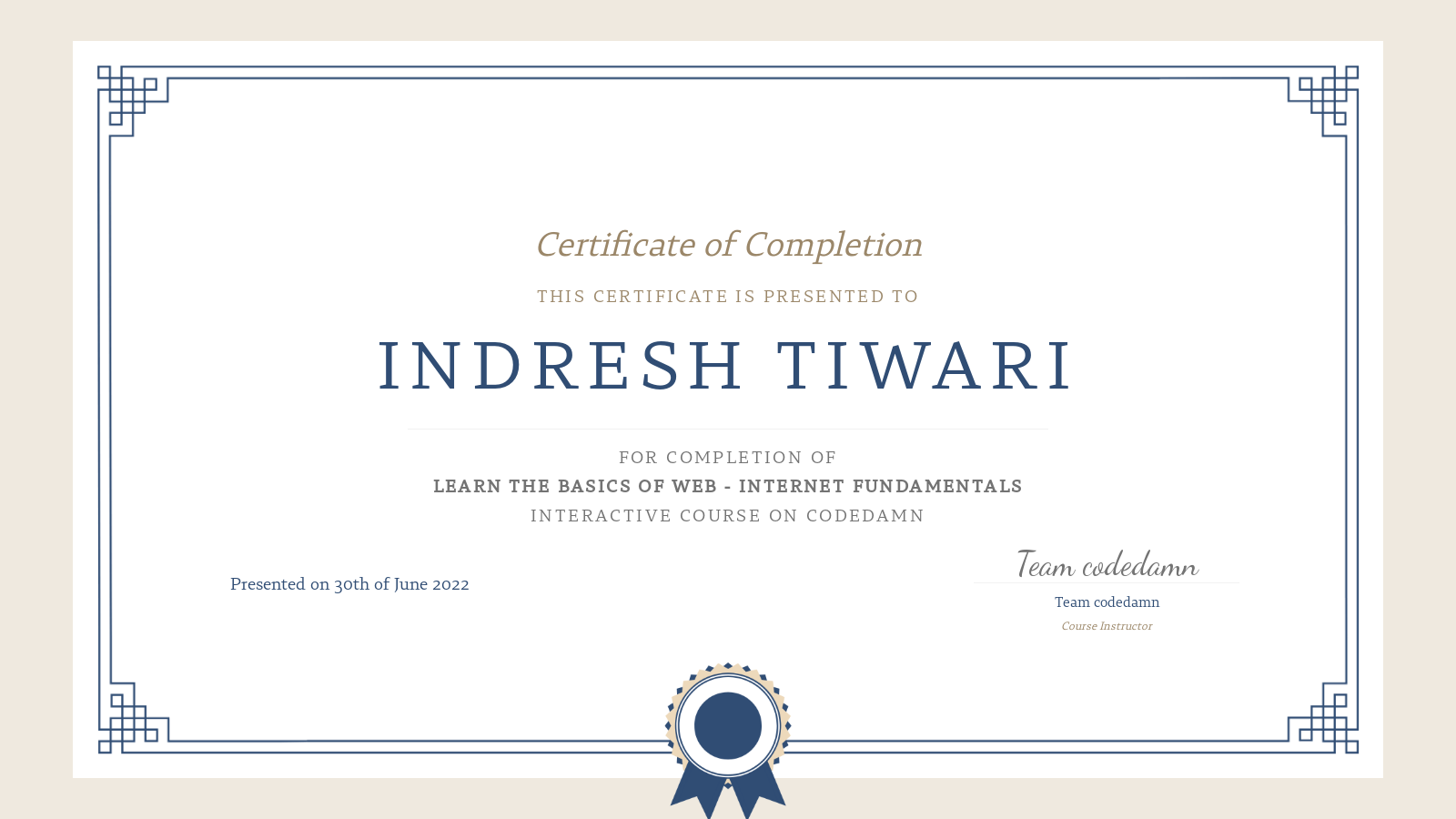 Indresh Tiwaris Certification For Learn The Basics Of Web Internet Fundamentals Codedamn 9200