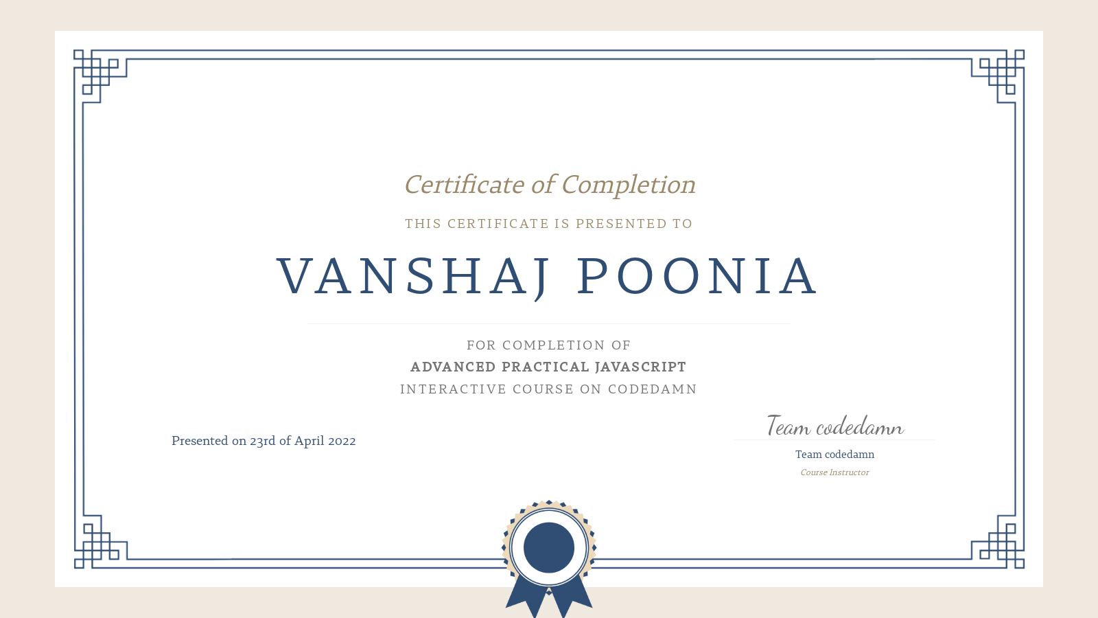 Vanshaj Poonia's certification for Advanced Practical JavaScript | codedamn