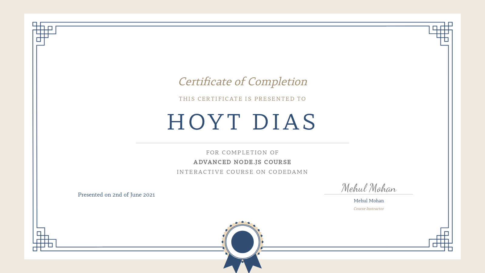 Hoyt Dias's certification for Advanced Node.js Course | codedamn