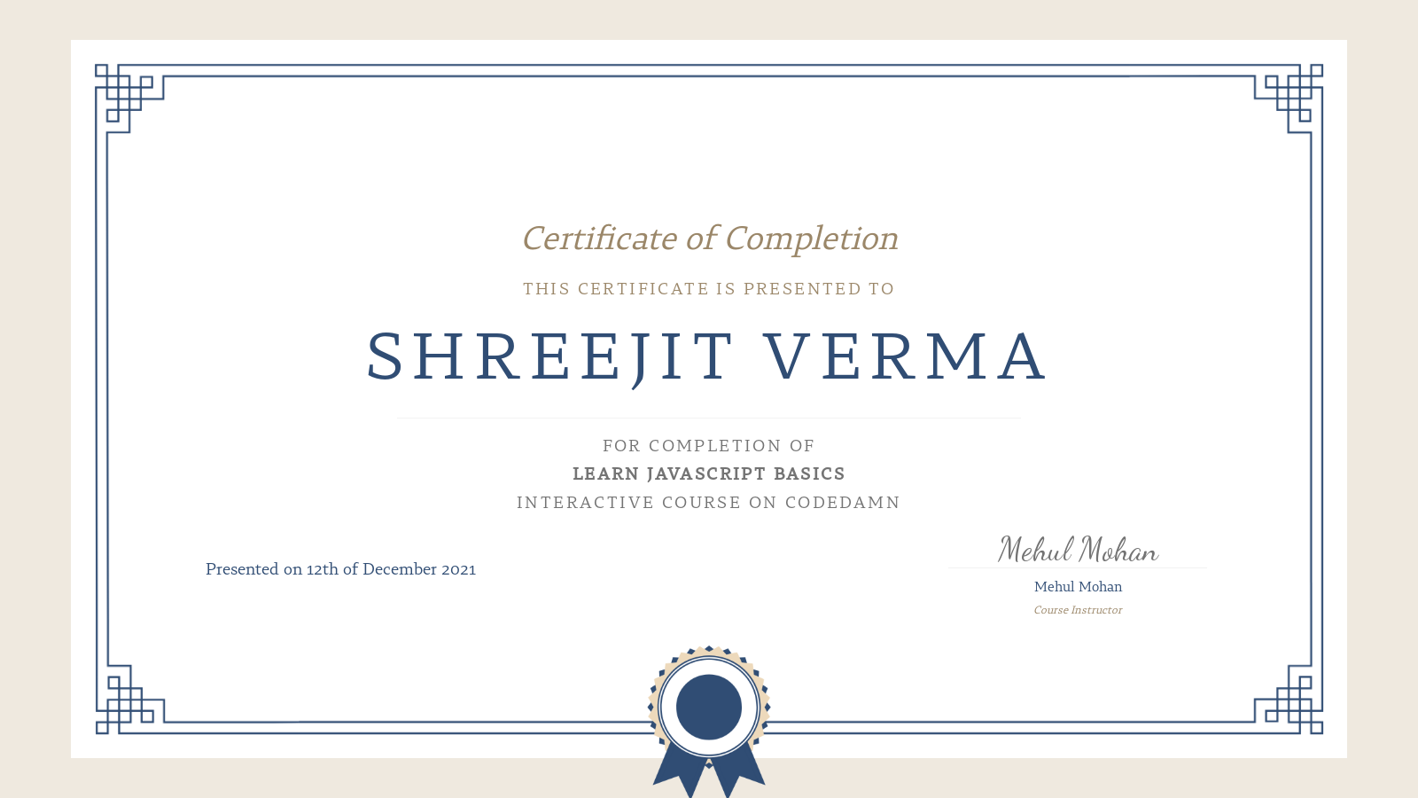 Shreejit Vermas Certification For Learn Javascript Basics Codedamn
