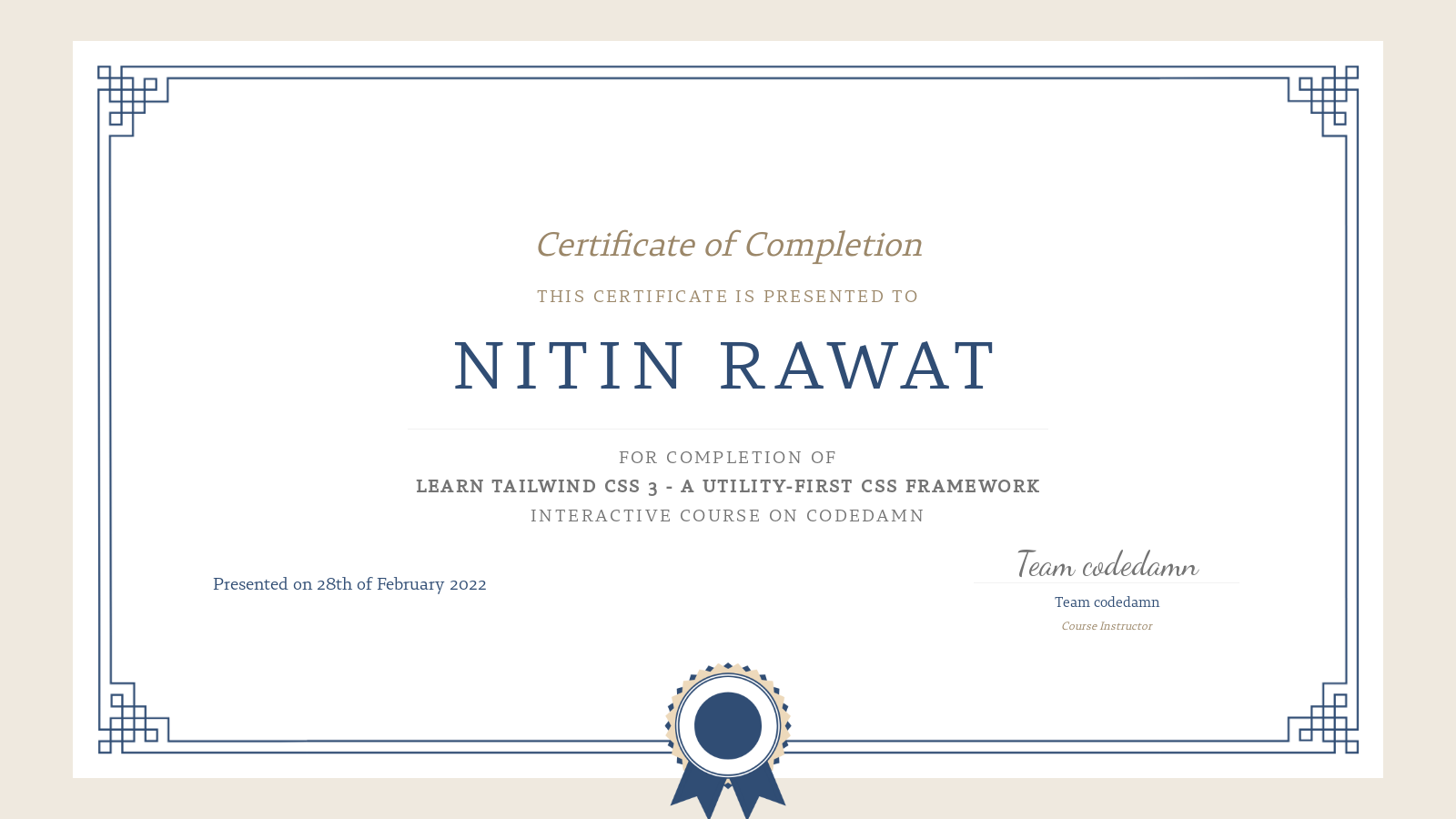 Nitin Rawat's certification for Learn Tailwind CSS 3 - A utility-first CSS framework | codedamn