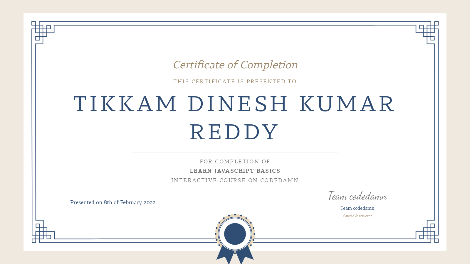 Tikkam Dinesh Kumar Reddys Certification For Learn Javascript Basics Codedamn