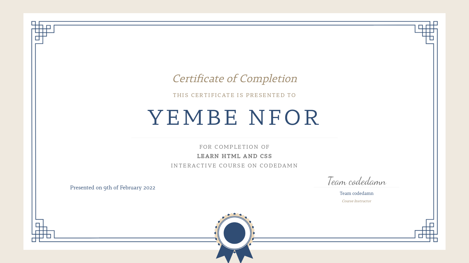 Yembe Nfor's certification for Learn HTML and CSS [2023 Ready] | codedamn