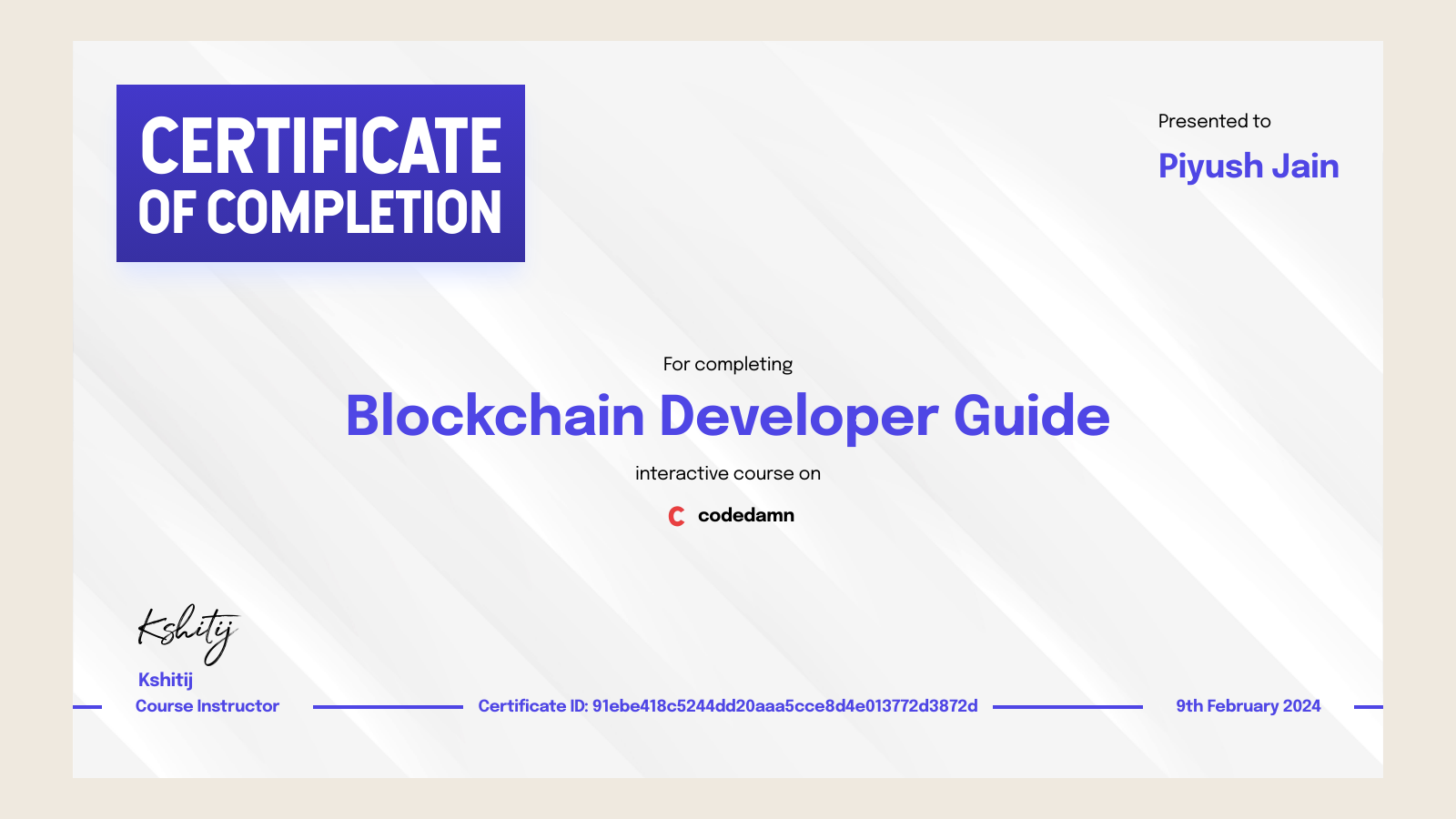 Piyush Jain's certification for Blockchain Developer Guide - Codedamn