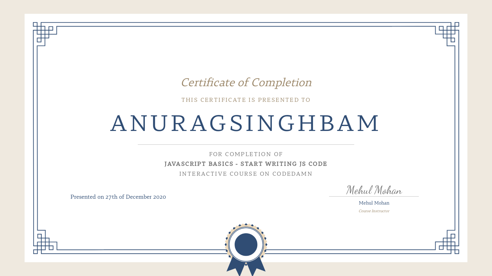 Anurag Singhs Certification For Learn Javascript Basics Codedamn