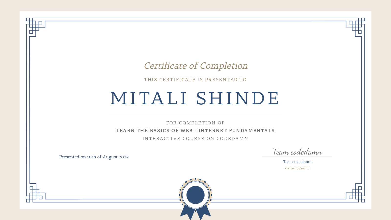 Mitali Shinde's certification for Learn the basics of web - Internet fundamentals | codedamn