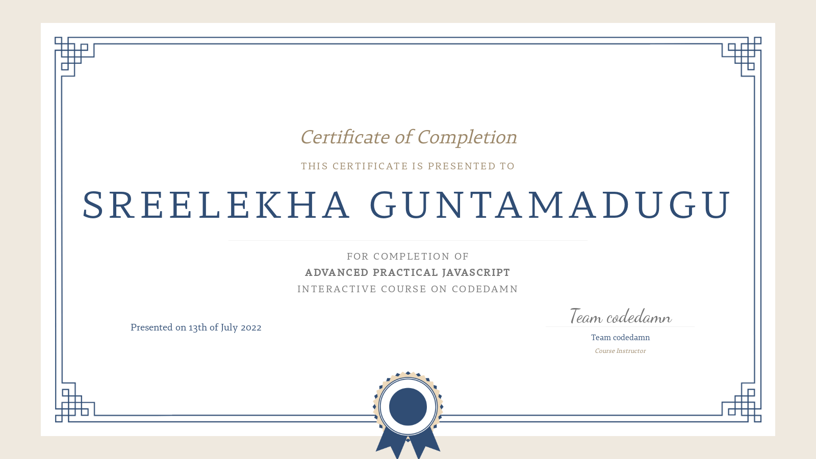 Sreelekha Guntamadugu's certification for Advanced Practical JavaScript | codedamn