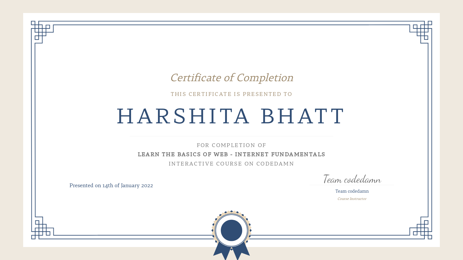 Harshita Bhatt's certification for Learn the basics of web - Internet fundamentals | codedamn