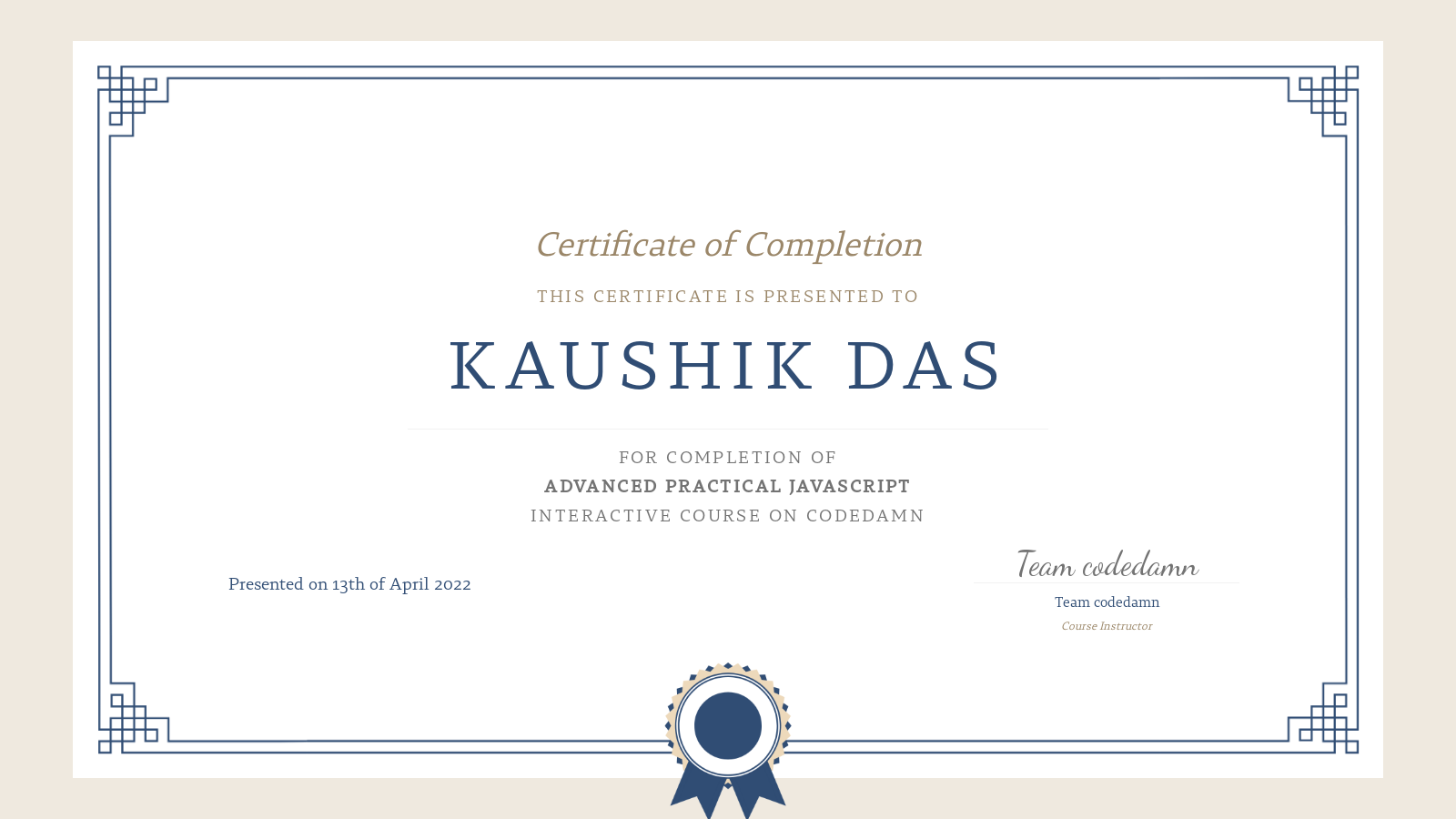 Kaushik Das's certification for Advanced Practical JavaScript | codedamn