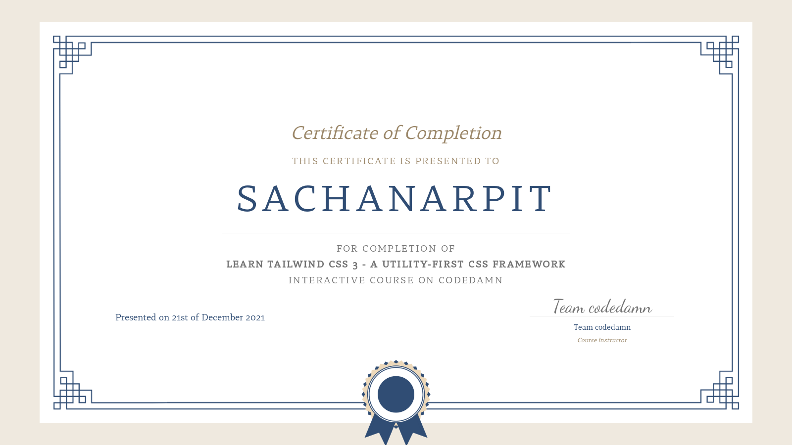 Arpit Sachan's certification for Learn Tailwind CSS 3 - A utility-first CSS framework | codedamn