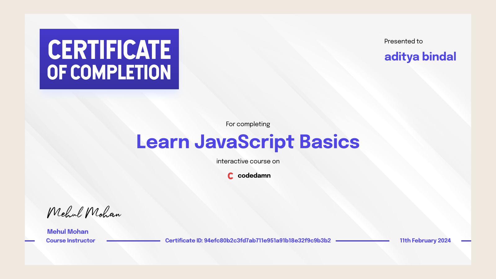 Aditya Bindals Certification For Learn Javascript Basics Codedamn 