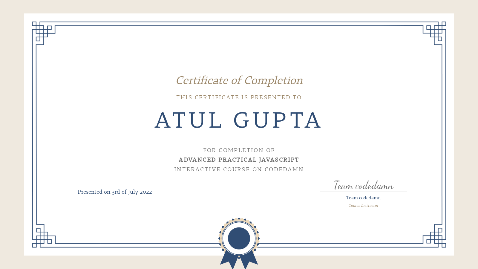 Atul Gupta's certification for Advanced Practical JavaScript | codedamn