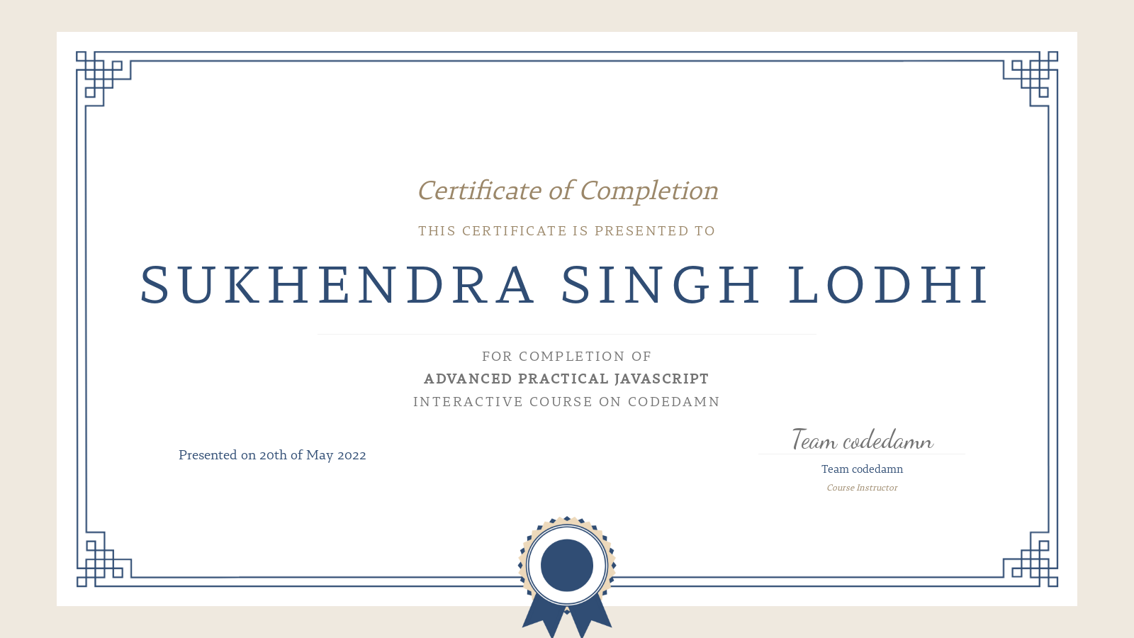 Sukhendra Singh Lodhis Certification For Advanced Practical Javascript Codedamn