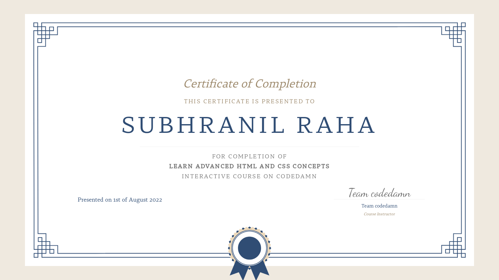 Subhranil Raha's certification for Learn Advanced HTML and CSS Concepts [Updated - 2023] | codedamn