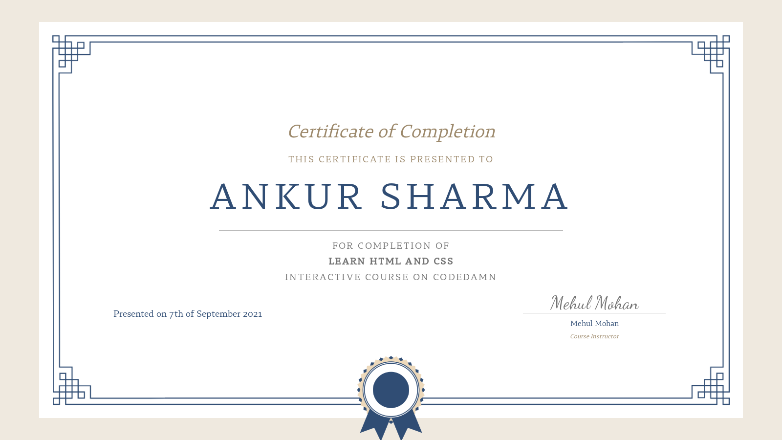 Ankur Sharma's certification for Learn HTML and CSS [2023 Ready] | codedamn