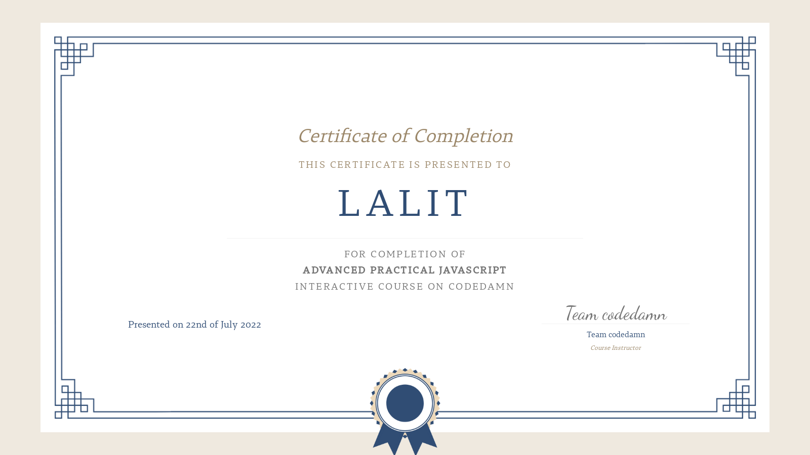 Lalit's certification for Advanced Practical JavaScript | codedamn