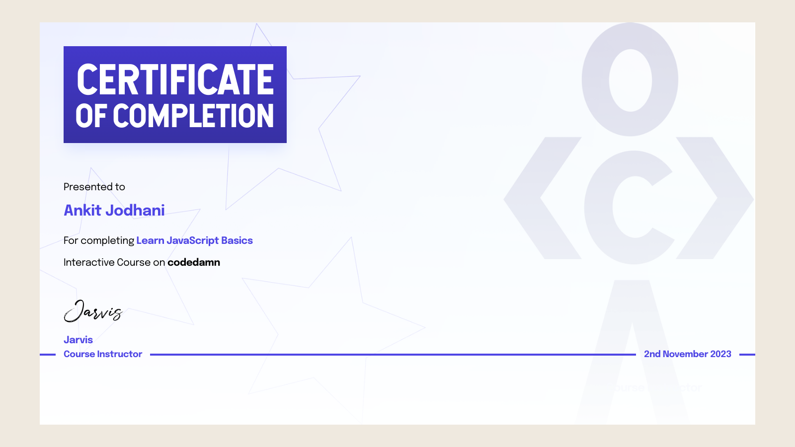 Devanshi Jodhanis Certification For Learn Javascript Basics Codedamn