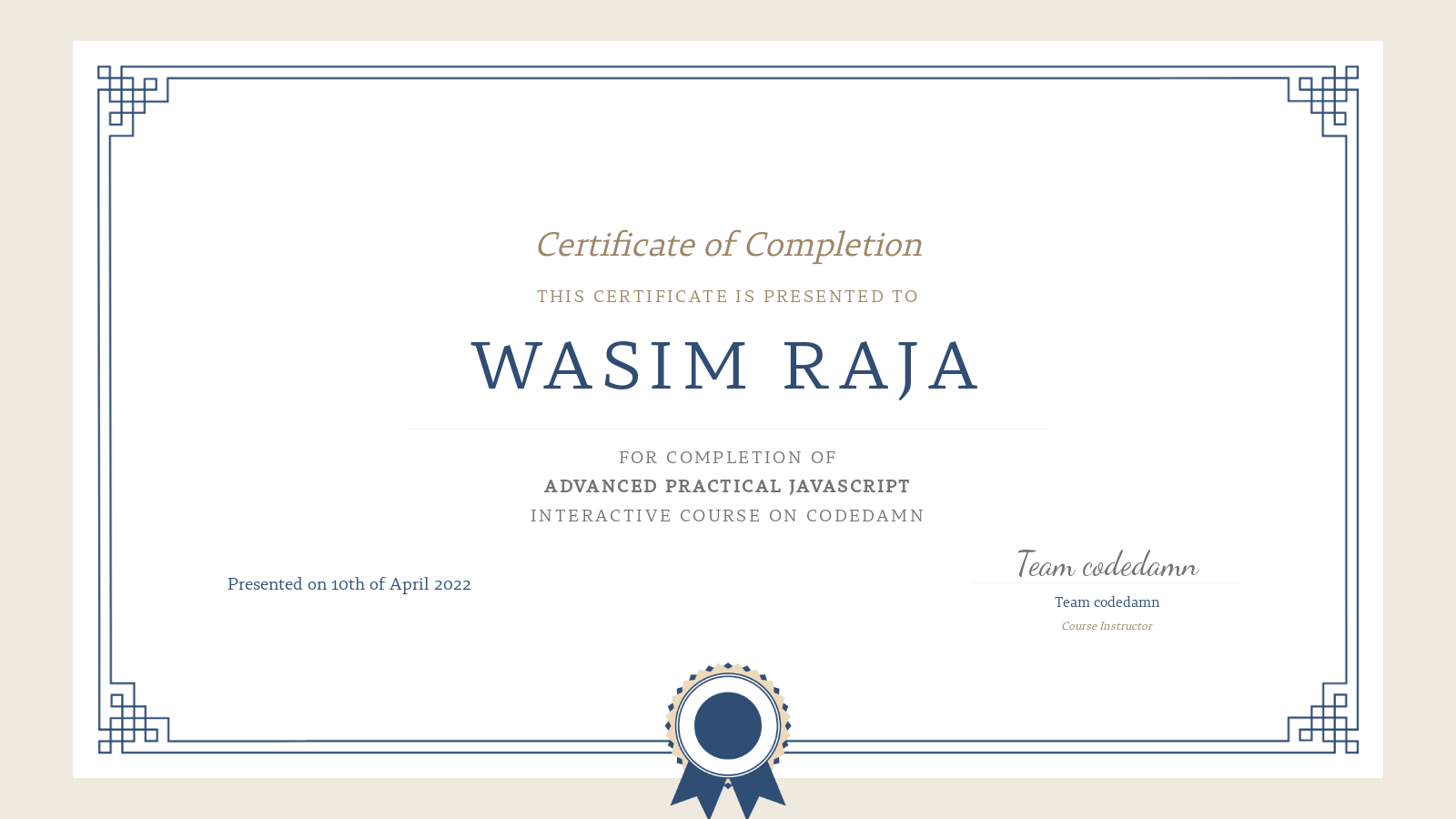 Wasim Raja's certification for Advanced Practical JavaScript | codedamn