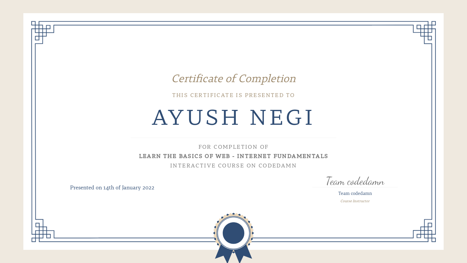 ayush negi's certification for Learn the basics of web - Internet fundamentals | codedamn