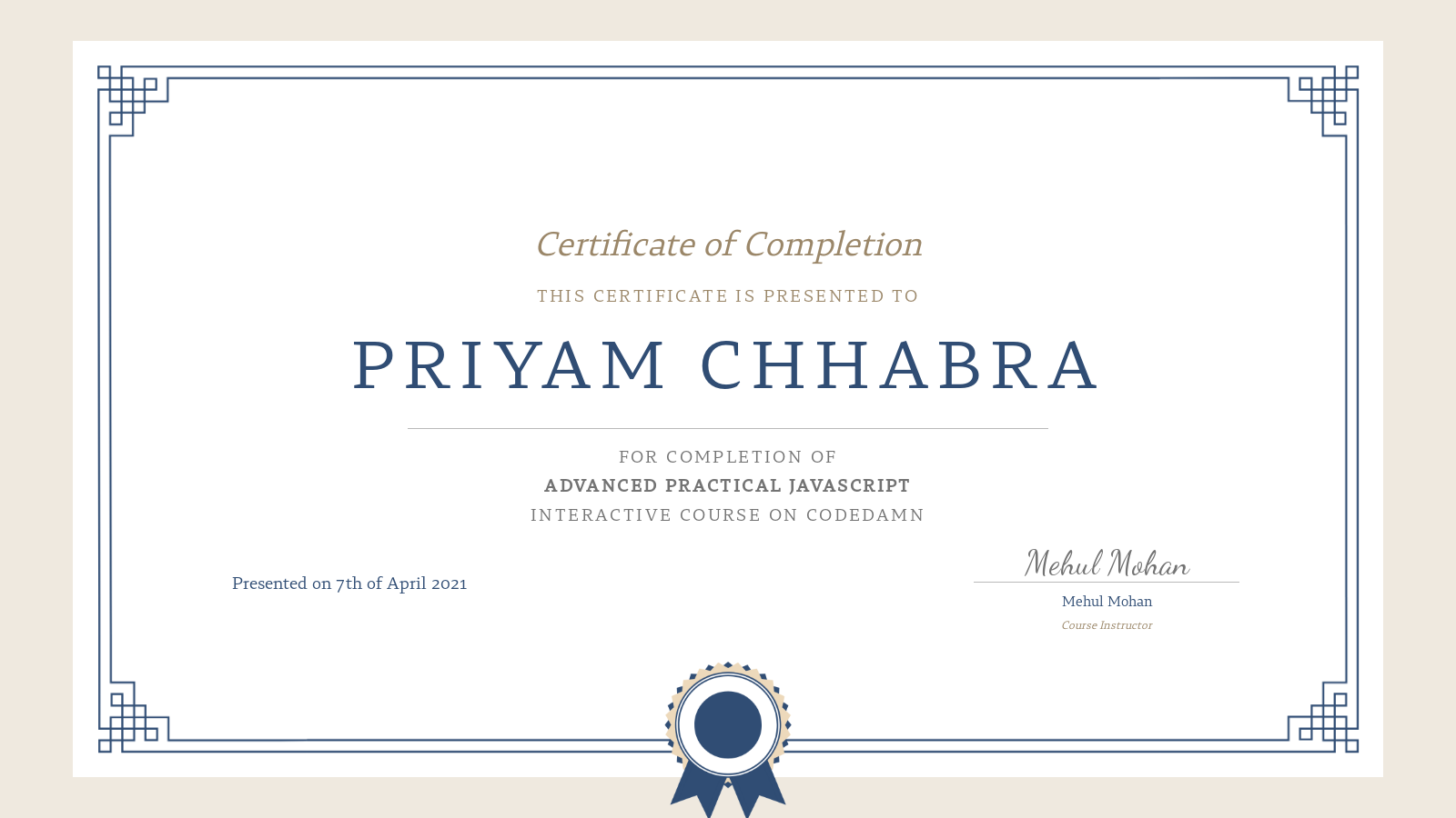 Priyam Chhabra's certification for Advanced Practical JavaScript | codedamn