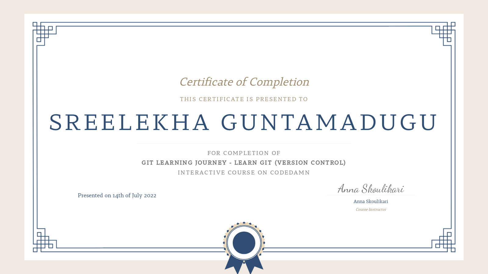 Sreelekha Guntamadugu's certification for Git Learning Journey - Learn Git (Version Control ...