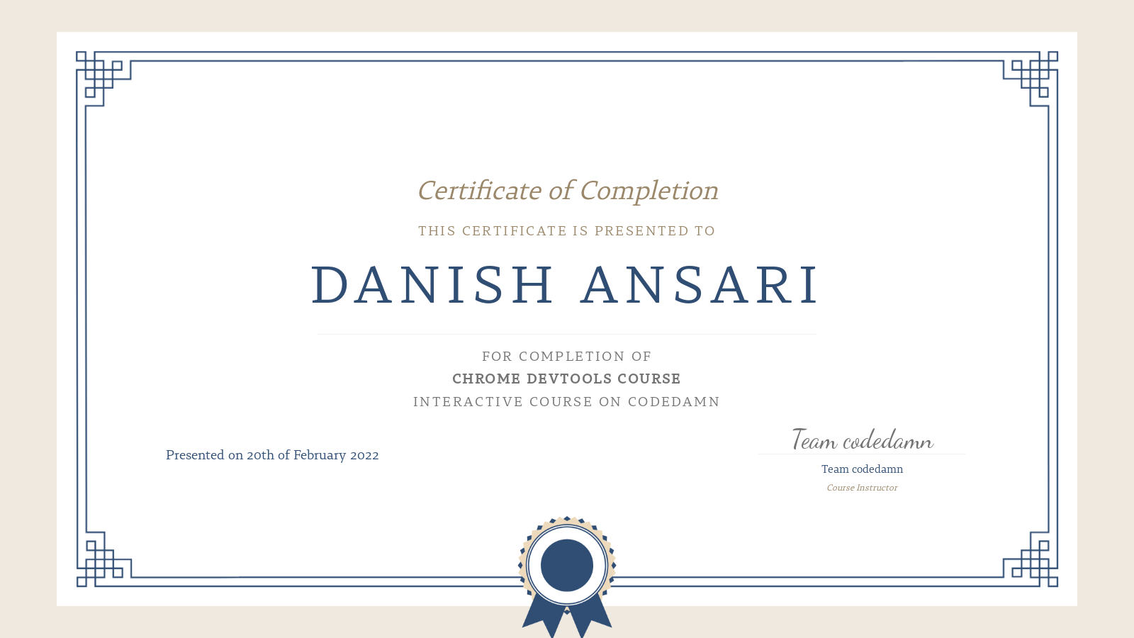 Danish Ansari's certification for Chrome DevTools Course | codedamn