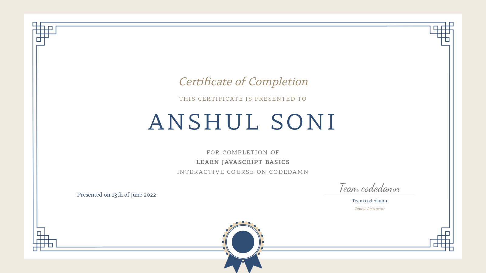 Anshul Sonis Certification For Learn Javascript Basics Codedamn