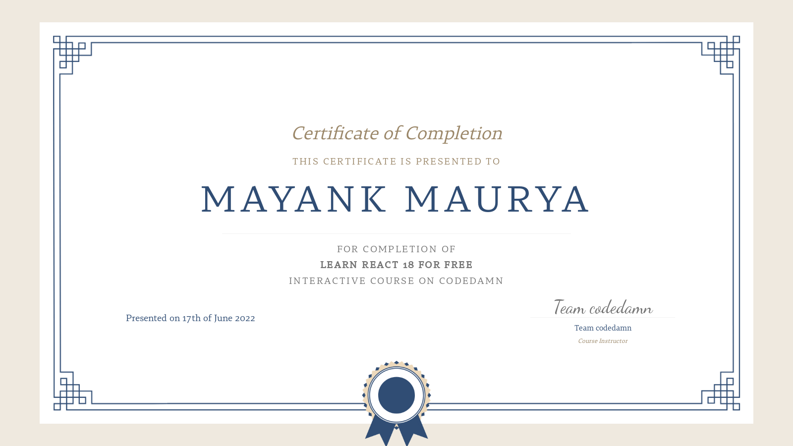Mayank Maurya's certification for Learn React 18 for free | codedamn