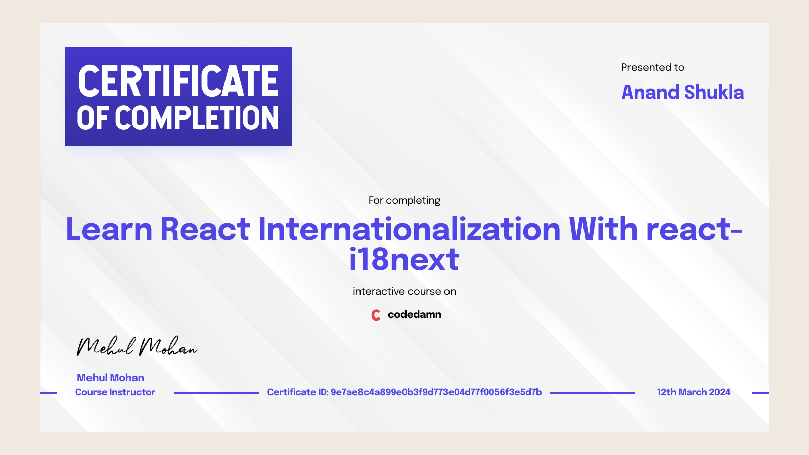 Anand Shukla's certification for Learn React Internationalization With react-i18next | codedamn