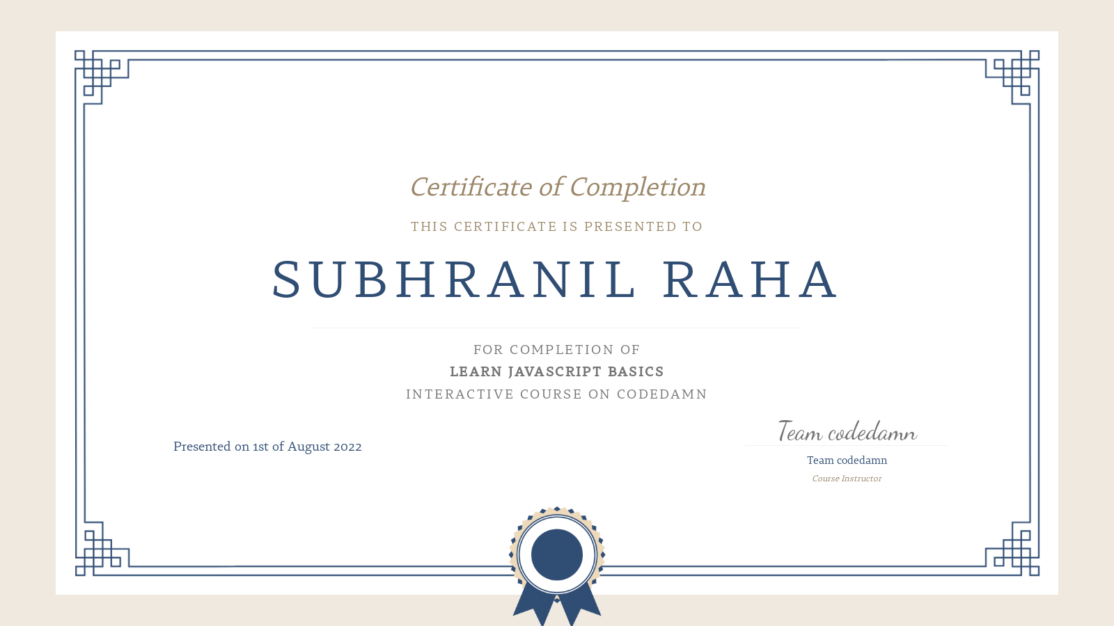 Subhranil Rahas Certification For Learn Javascript Basics Codedamn