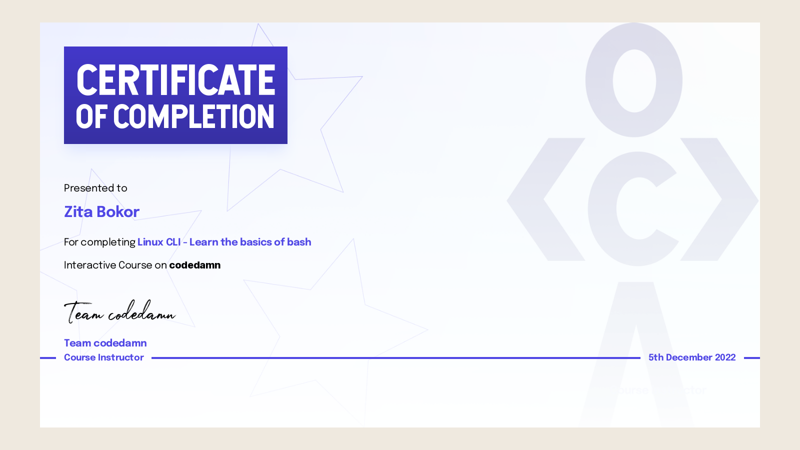 Zita Bokor's certification for Linux CLI - Learn the basics of bash | codedamn