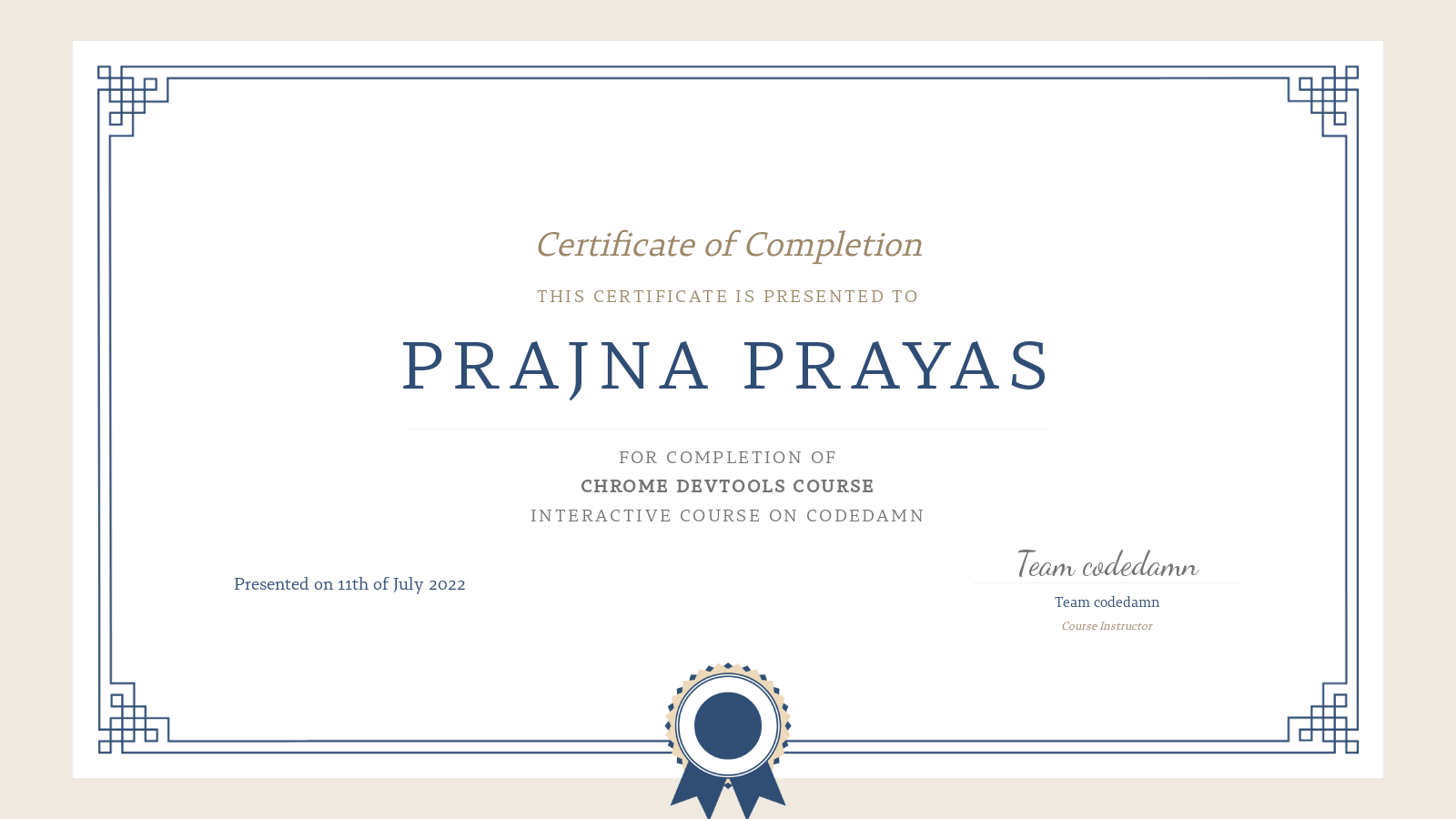 prajna prayas's certification for Chrome DevTools Course | codedamn
