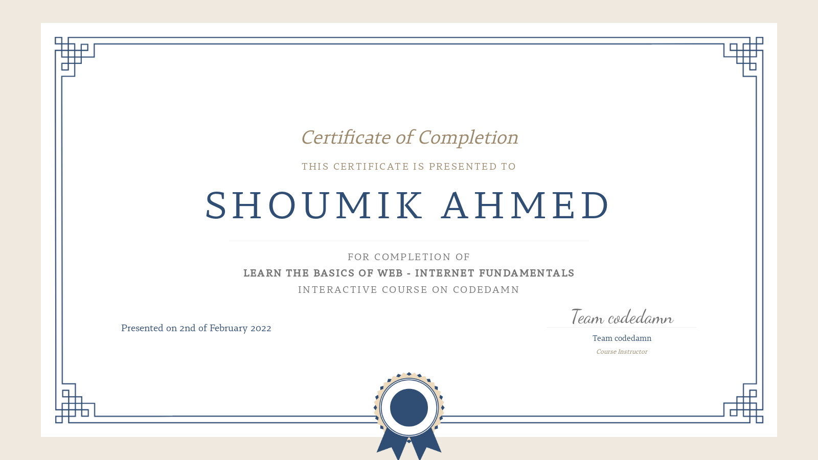 Shoumik Ahmeds Certification For Learn The Basics Of Web Internet Fundamentals Codedamn