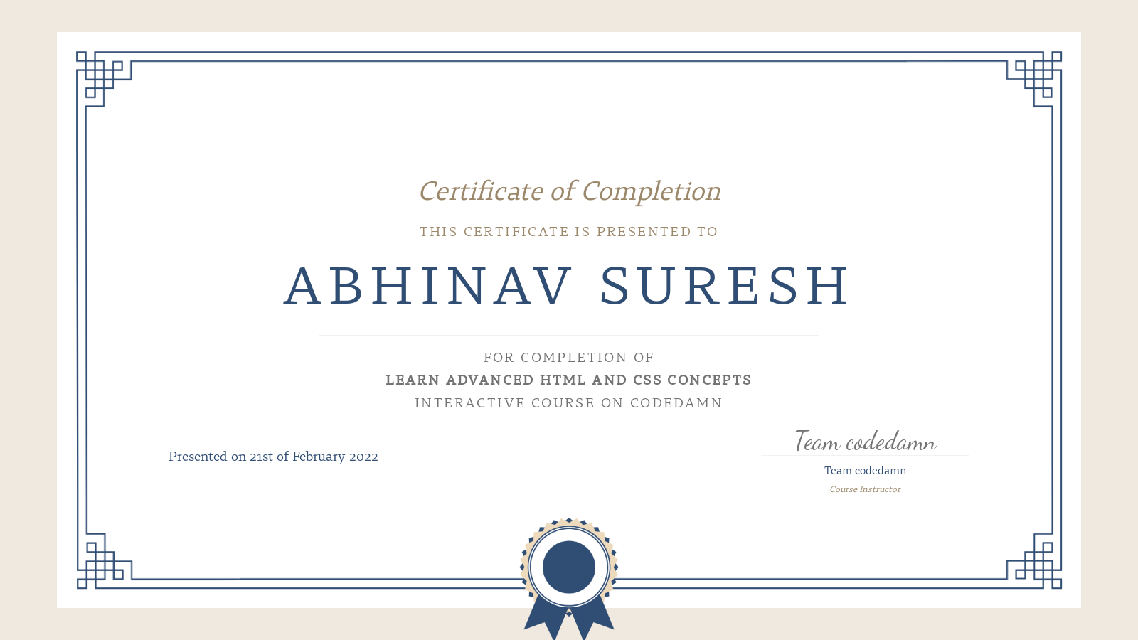 Abhinav Suresh S Certification For Learn Advanced Html And Css Concepts [updated 2023] Codedamn